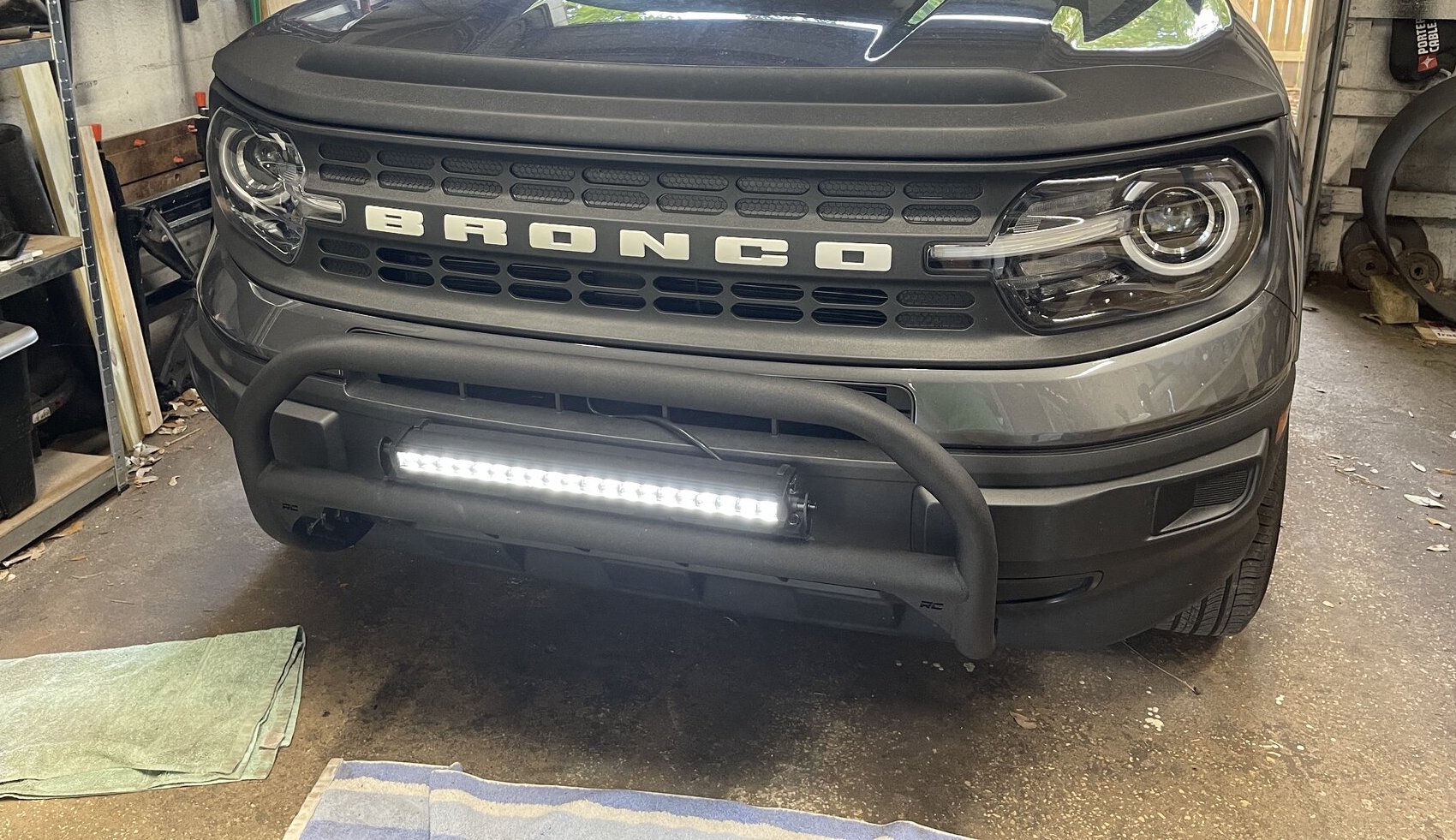 Installed Thule HD Cross Bars, Rough Country nudge Bull Bar, 20” LED ...